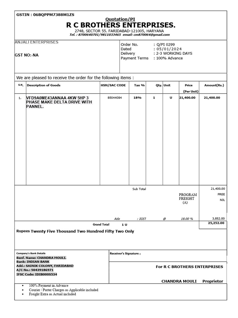 R C Brothers Enterprises.: Quotation/PI | PDF | Taxation | Economies
