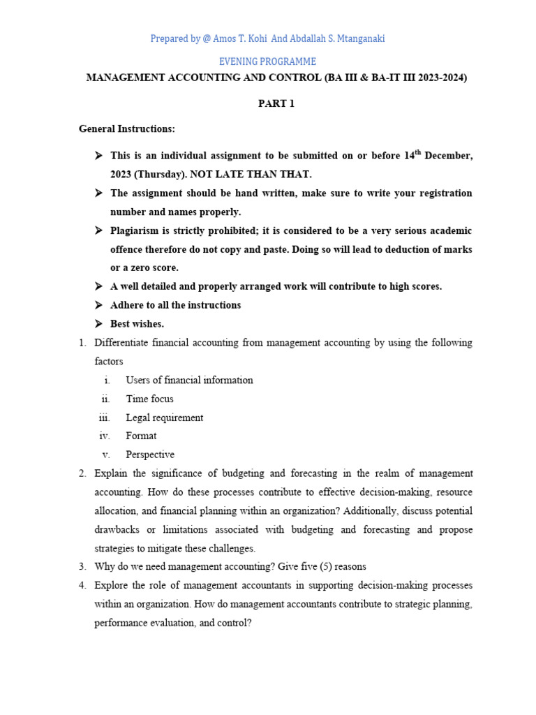 Management Accounting Assignment 2023-2024 | PDF