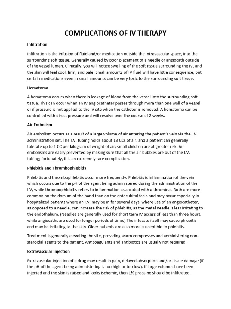 Complications of Iv Therapy | PDF | Intravenous Therapy | Vein