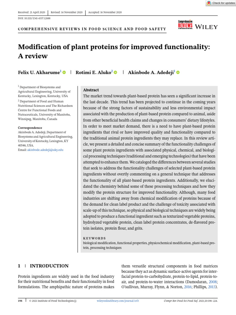 Comp Rev Food Sci Food Safe - 2021 - Akharume - Modification of Plant Proteins For Improved ...