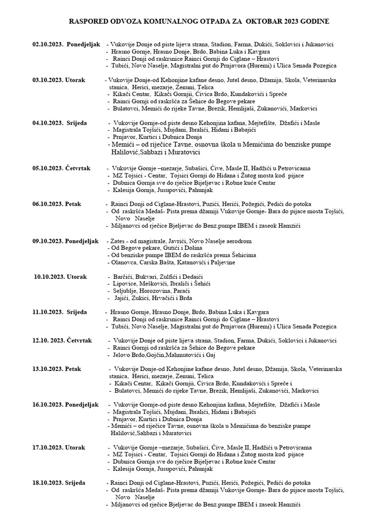 Raspred Odvoza Komunalnog Otpada Za Mjesec OKTOBAR 2023 | PDF