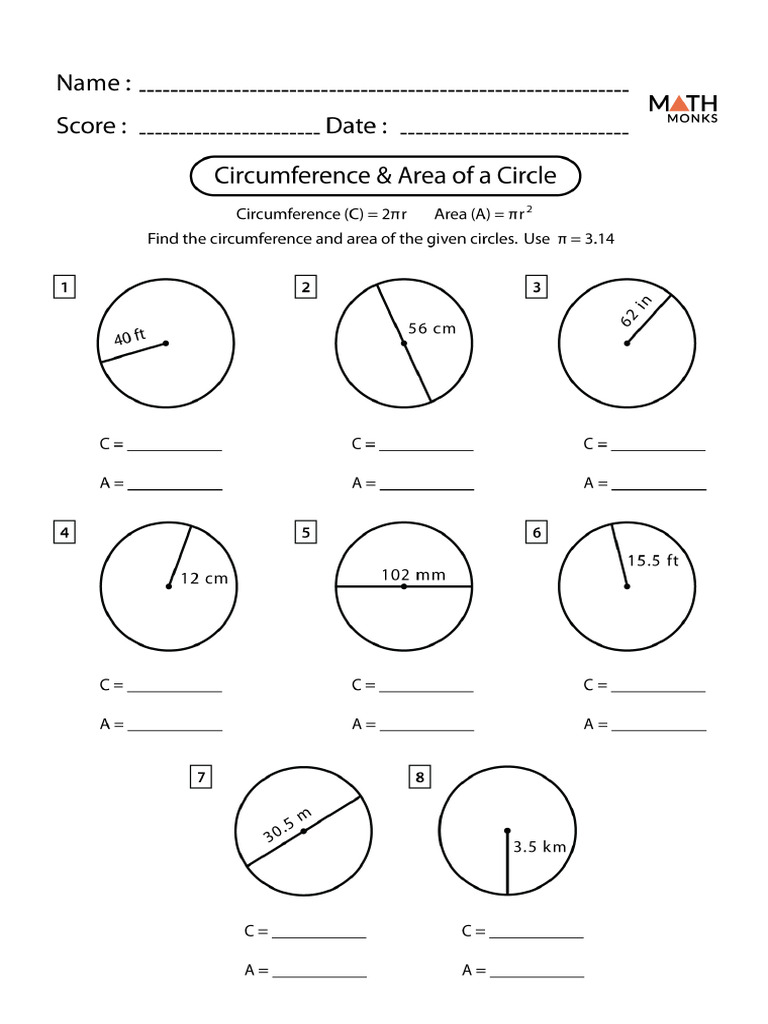 Circumference and Area of A Circle Worksheet | PDF