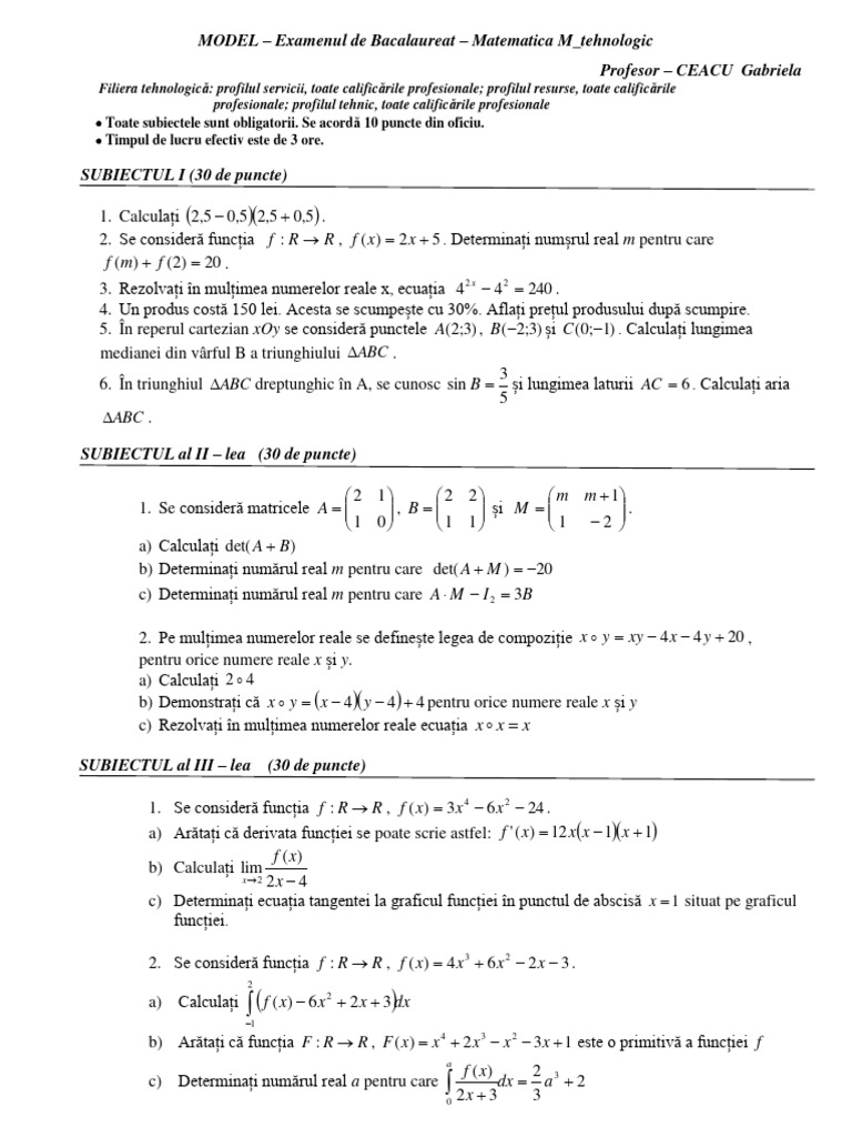 MODEL BAC M2 Tehnologic - CEACU Gabriela. | PDF
