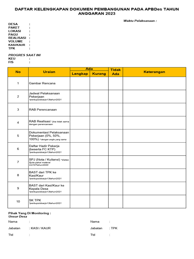 Checklist Kelengkapan Administrasi Dokumen Pembangunan Apbdes 2023 | PDF