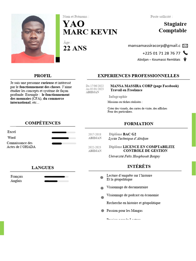 CV Stagiaire Comptable - Marc Kevin | PDF