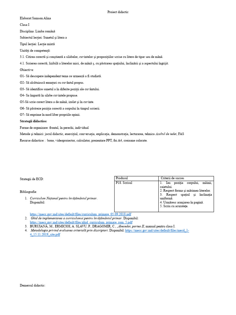 Alina Proiect Didactic - Sunetul Și Litera, A | PDF