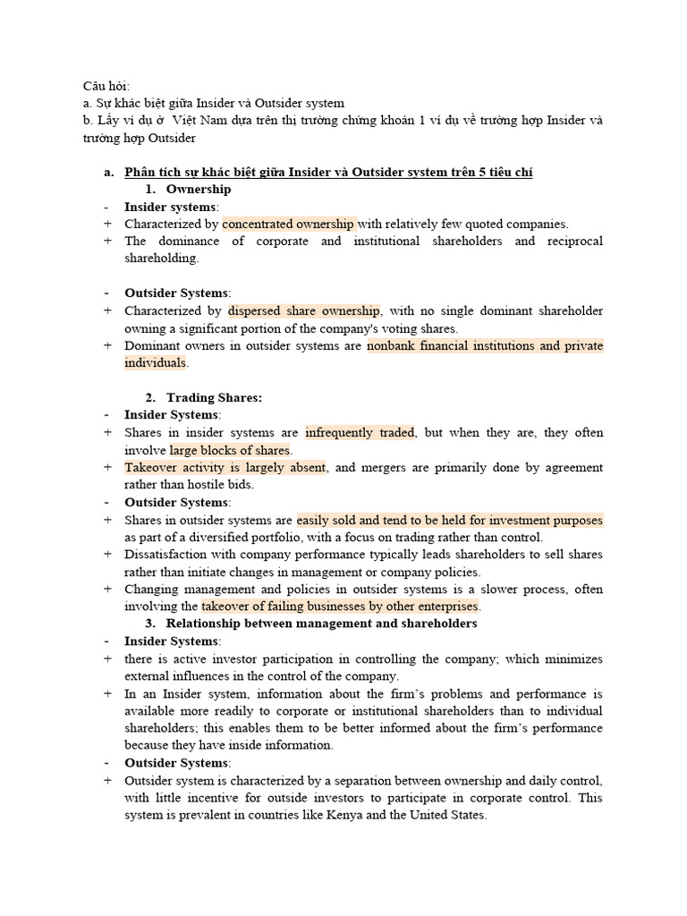 Insider vs Outsider Systems in Vietnam | PDF | Takeover | Stakeholder ...