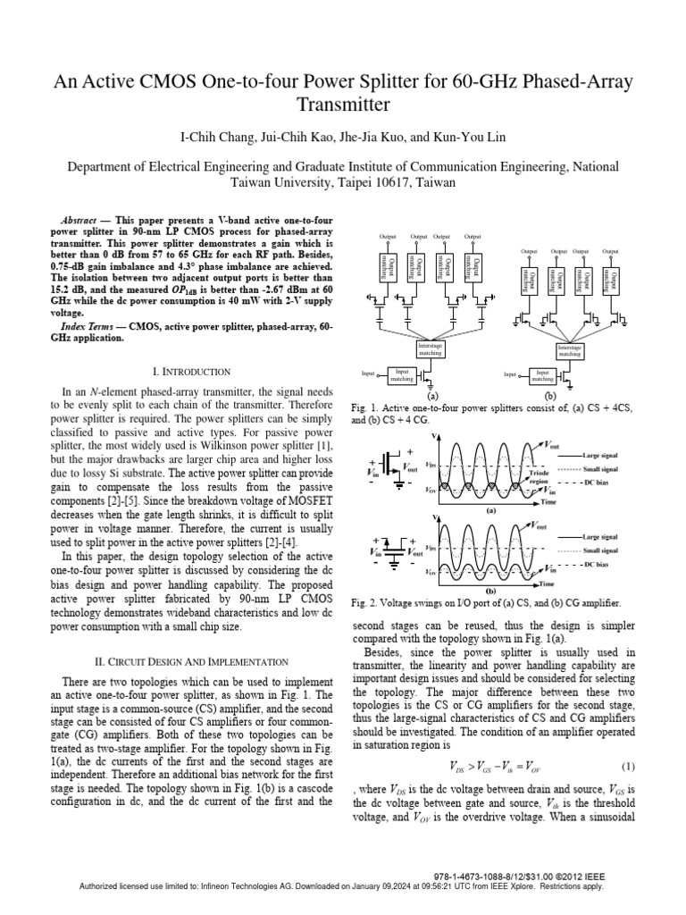 An_active_CMOS_one-to-four_power_splitter_for_60-GHz_phased-array_transmitter | PDF | Amplifier ...