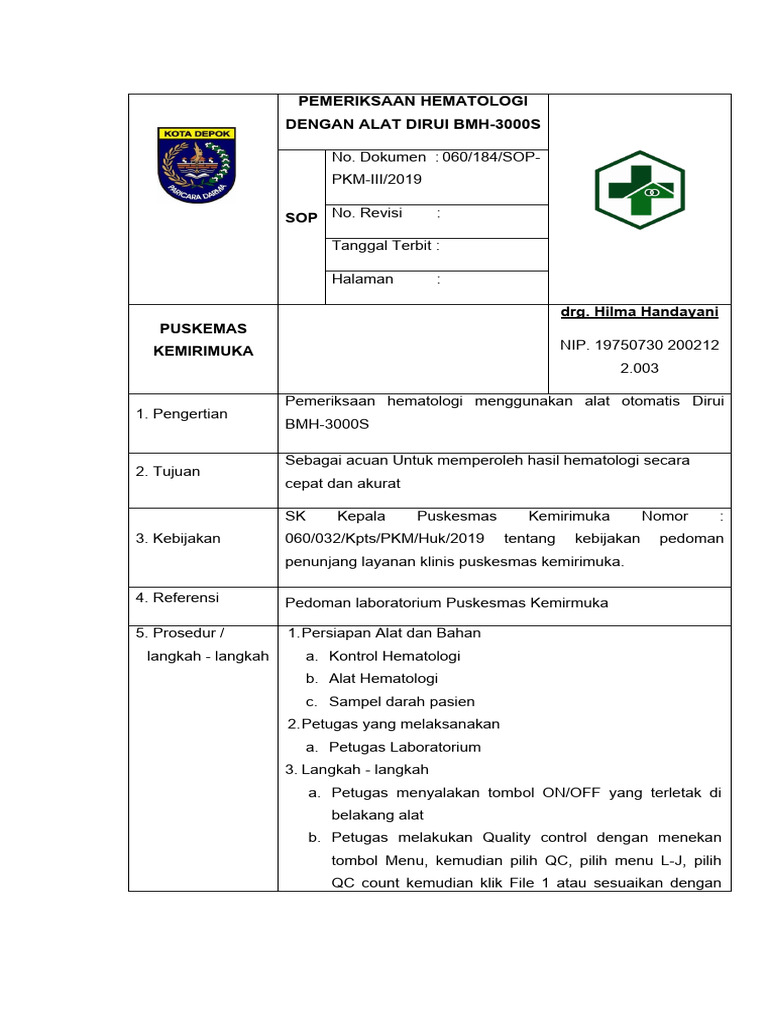 8.1.1.1.3 Sop Pemeriksaan Hematologi Dengan Alat Dirui BM H-3000S | PDF