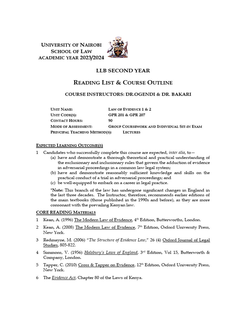 Law of Evidence Course Outline | PDF