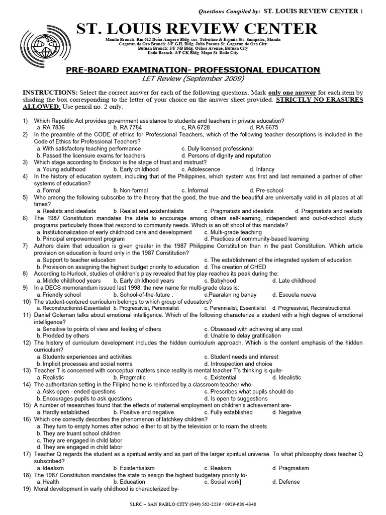Preboard With Answers | PDF | Teachers | Multiple Choice