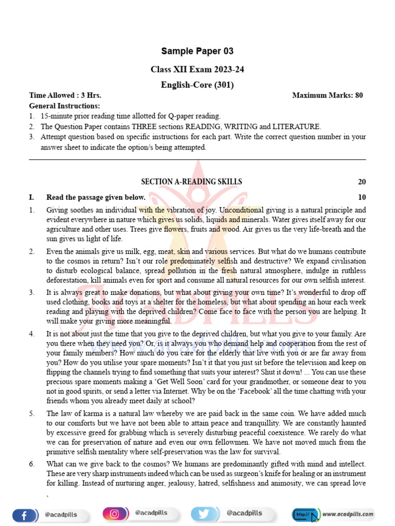 English Exclusive Sample Paper | PDF