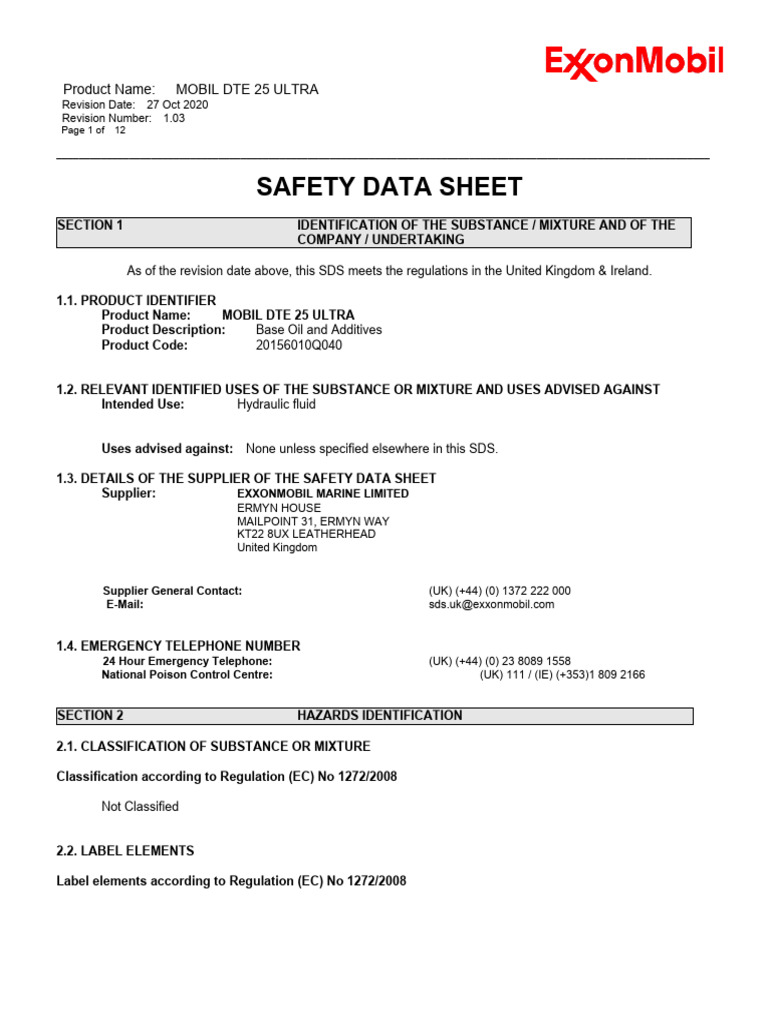 Mobil Dte 25 Ultra Msds | PDF