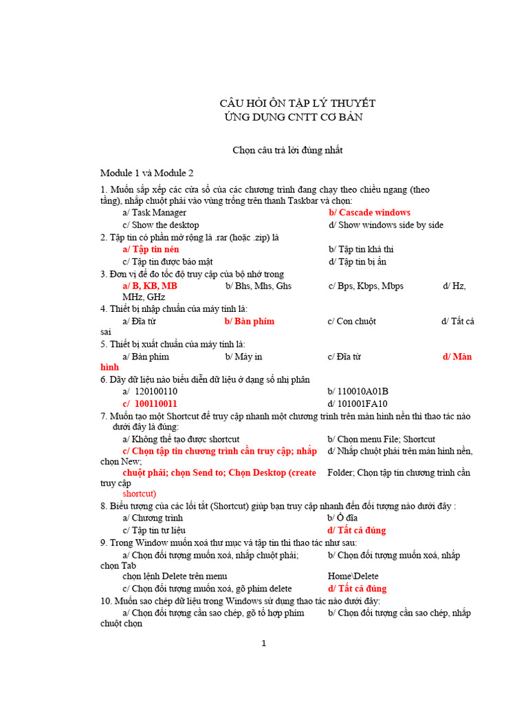 Dap - An - Cau Hoi On Tap Module 1-2 | PDF