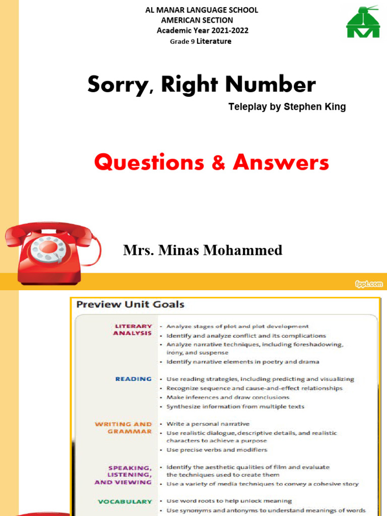 Sorry, Right Number Questions by Minas | PDF | Monologue | Plot (Narrative)
