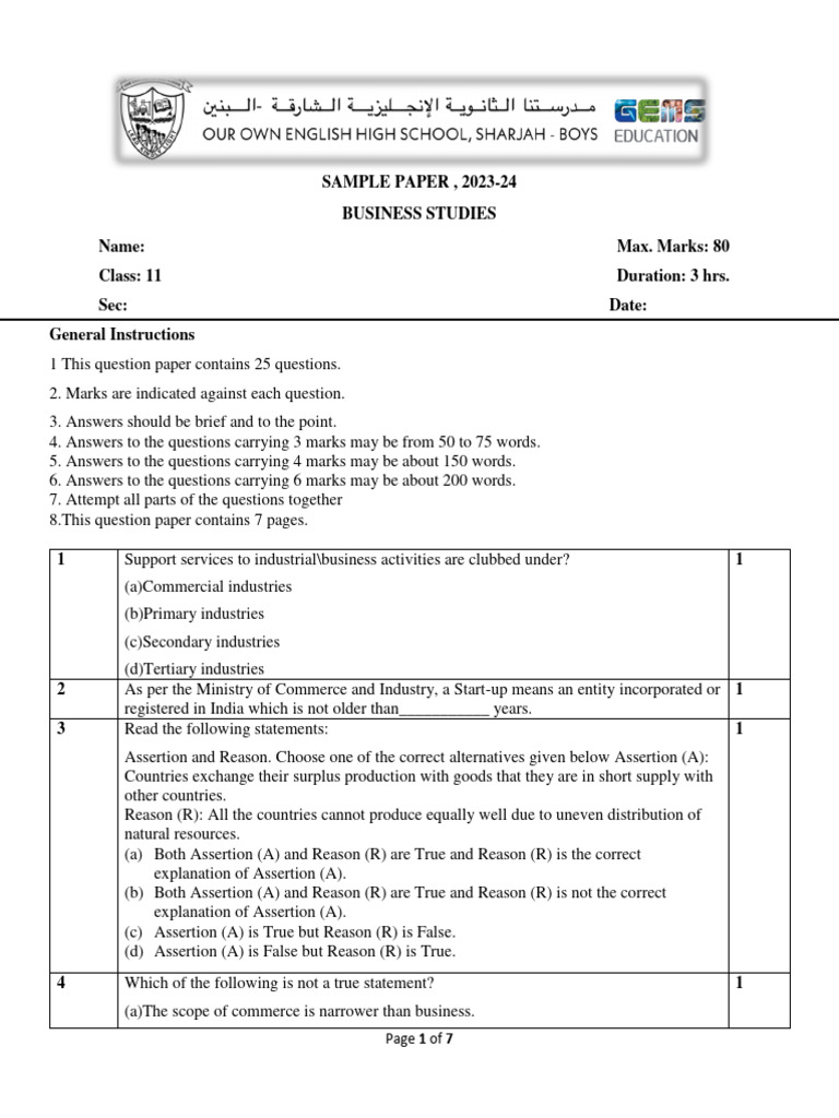 Grade 11 BST Sample Paper | Download Free PDF | Insurance | Financial Economics