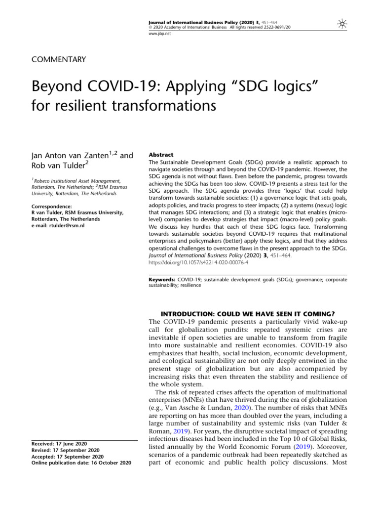 Beyond COVID-19 Applying SDG Logics'' | PDF | Sustainability | Governance Beyond COVID-19 Applying SDG Logics'' | PDF | Sustainability | Governance