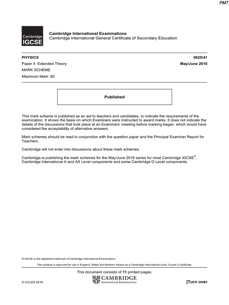 June 2016 (v1) MS - Paper 4 CIE Physics IGCSE | PDF | Physical Sciences