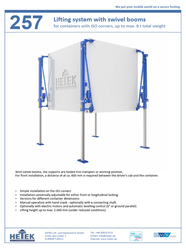 Lifting System With Swivel Booms: For Containers With ISO Corners, Up ...