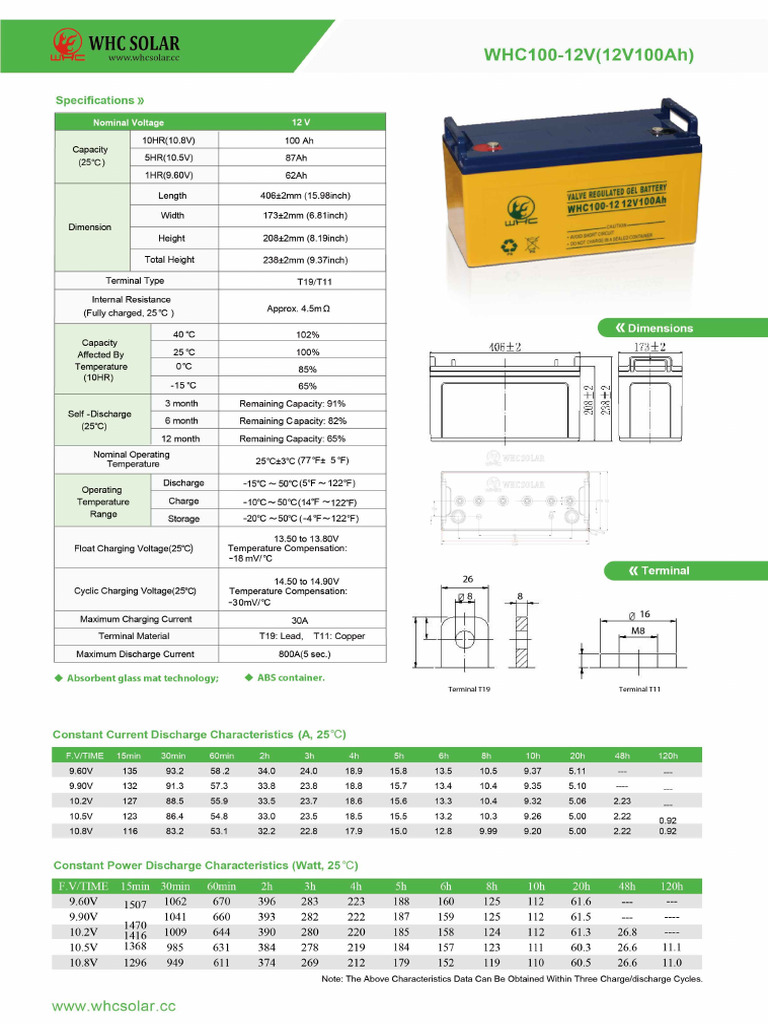 WHC Solar 12v100ah Battery Data Sheet | PDF
