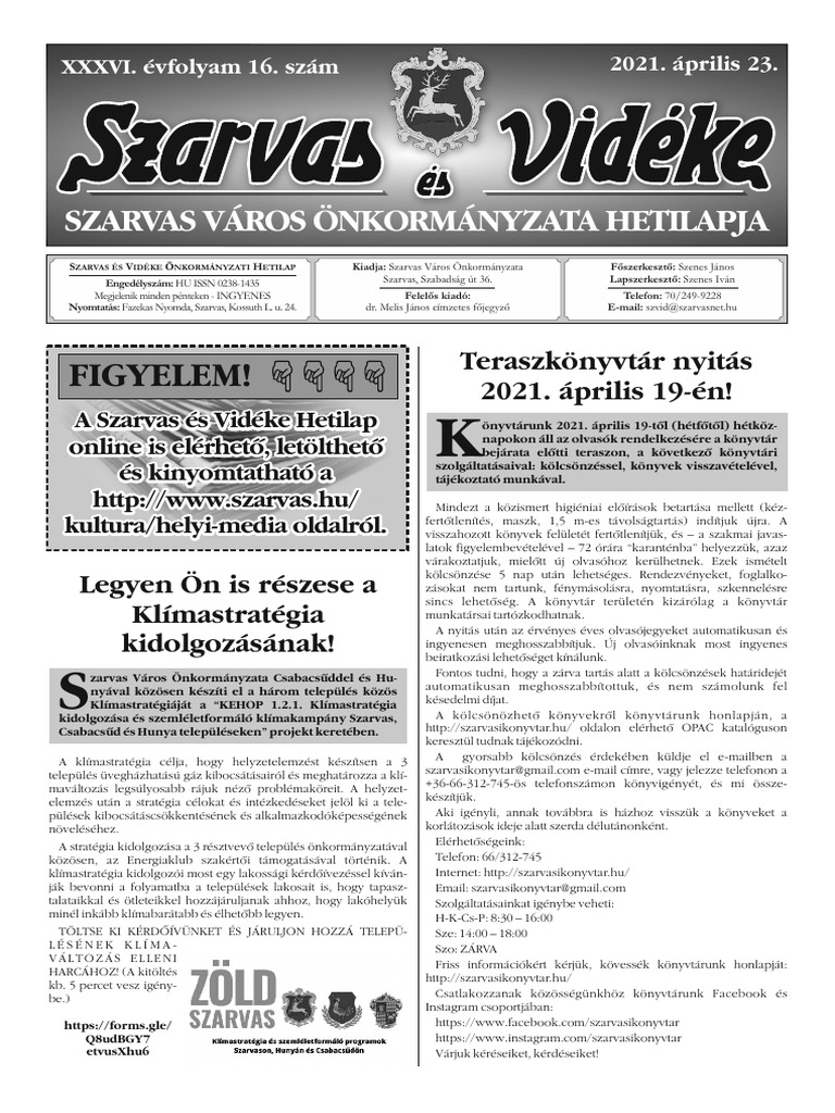 Szarvas És Vidéke Hetilap - 2021. Április 23-I Szám | PDF