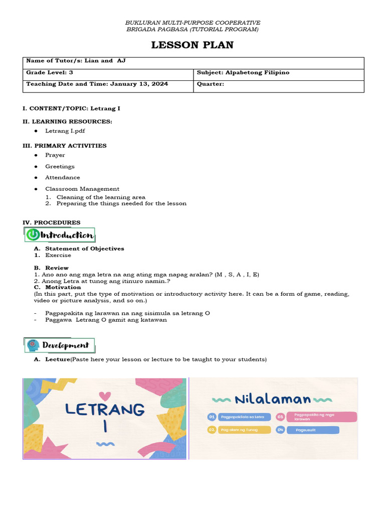 Brigada Pagbasa Lesson Plan Lianaj Letrang I | PDF