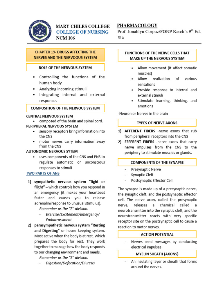 NCM 106 (PHARMA) - Lec 19 To 28 | PDF | Nervous System | Synapse