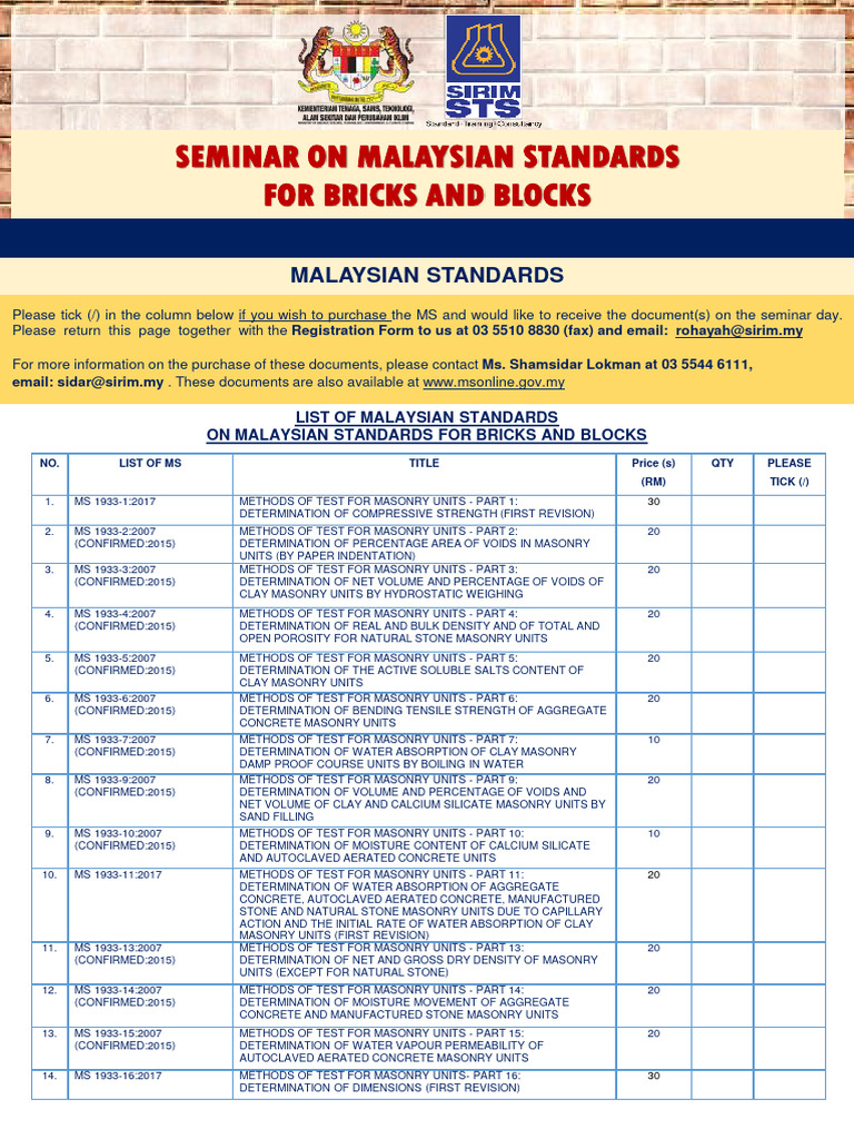 SIRIM list of MS for bricks and blocks | PDF