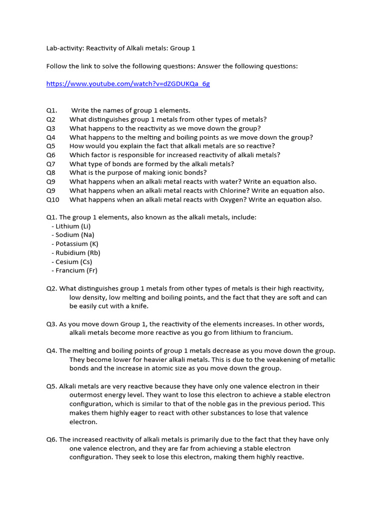 Lab-Activity - Reactivity of Alkali Metals - Group 1 - 2023 | PDF