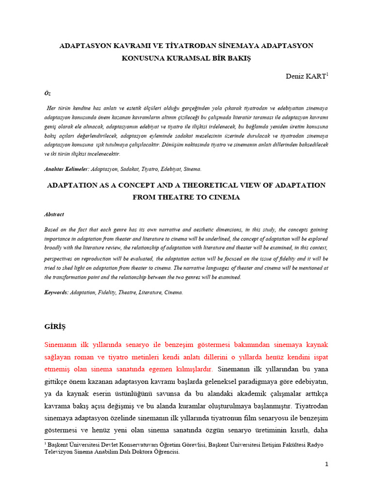 ADAPTASYON KAVRAMI VE TİYATRODAN SİNEMAYA ADAPTASYON KONUSUNA KURAMSAL ...
