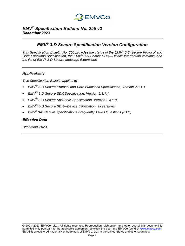 EMV 3DS SB255 SpecVersConfig v3 20231221 2 | PDF | Emv | Intellectual ...