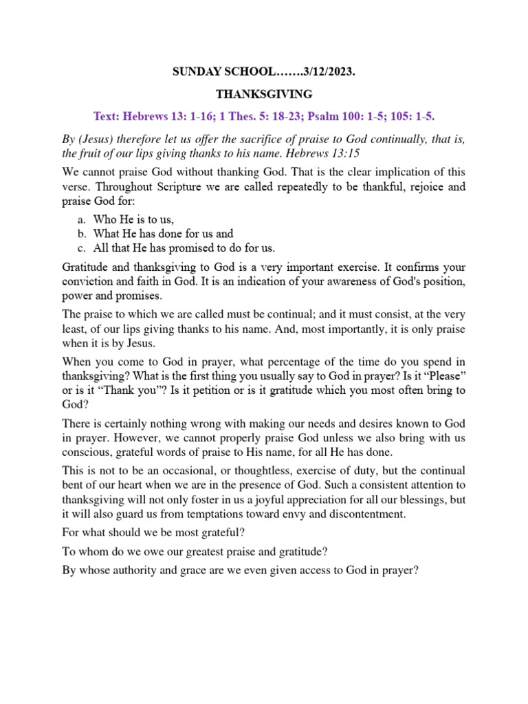 Sunday School - 3RD December 2023. | PDF | Gratitude | God