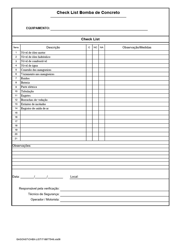 Check List de Bomba de Concreto | PDF | Tecnologia e Engenharia