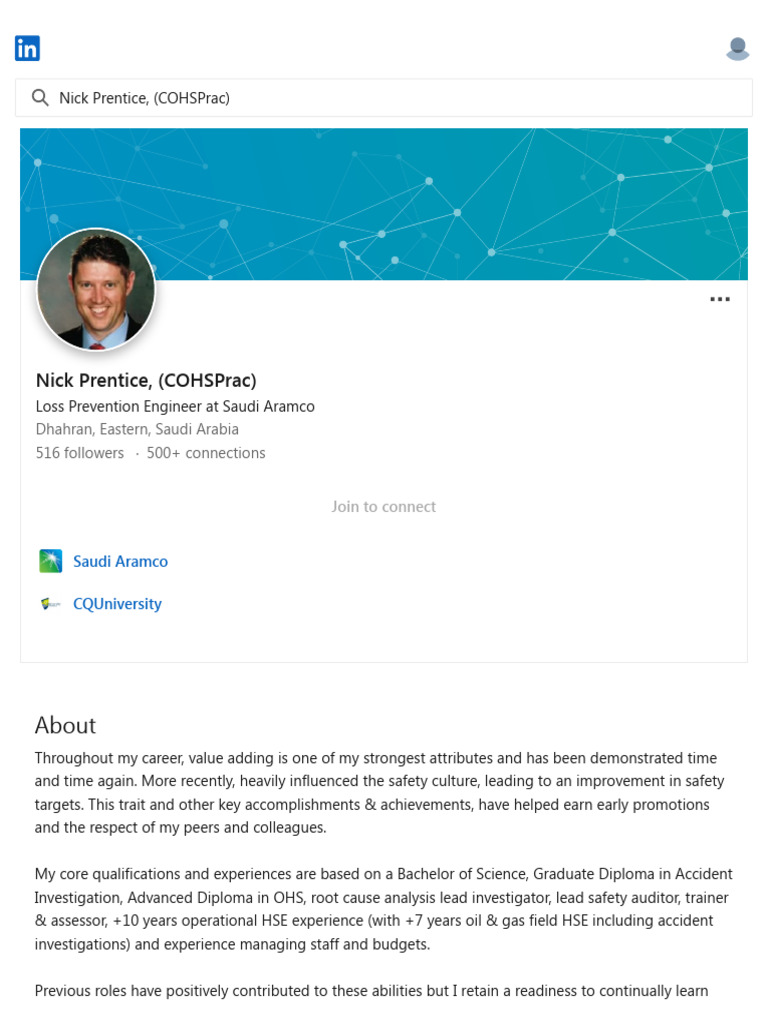 Nick Prentice, (COHSPrac) - Loss Prevention Engineer - Saudi Aramco ...
