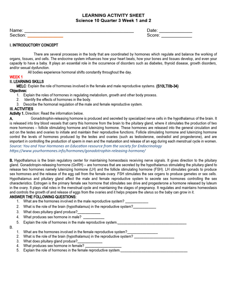 LEARNING ACTIVITY SHEET Quarter 3 Sci10 Week 1-2 For Remediation | PDF ...