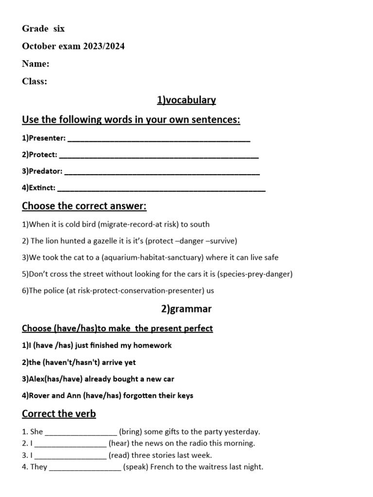 Year Six October Exam | PDF