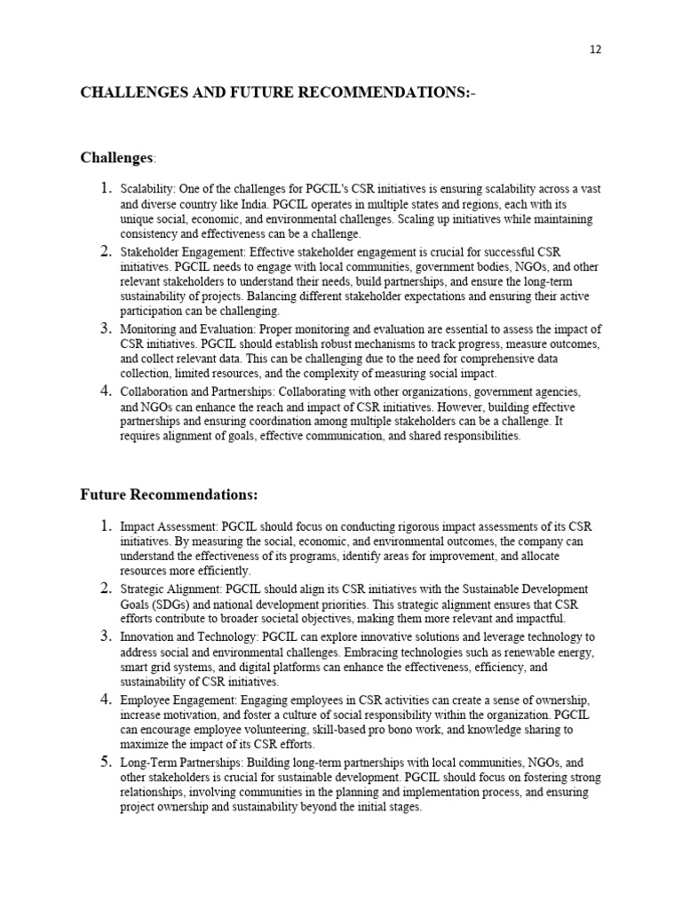 Challenges and Future Recommendations CSR and Pgcil | PDF | Corporate ...
