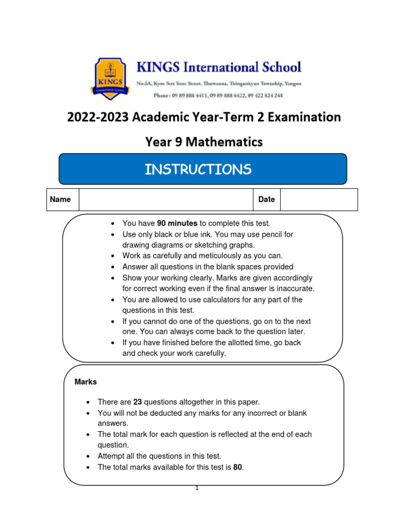 Year 9 Mathematics Term 2 Exam Paper | PDF | Length | Sphere