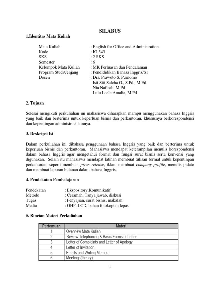 SILABUS English For Office and Administration | PDF | Bisnis