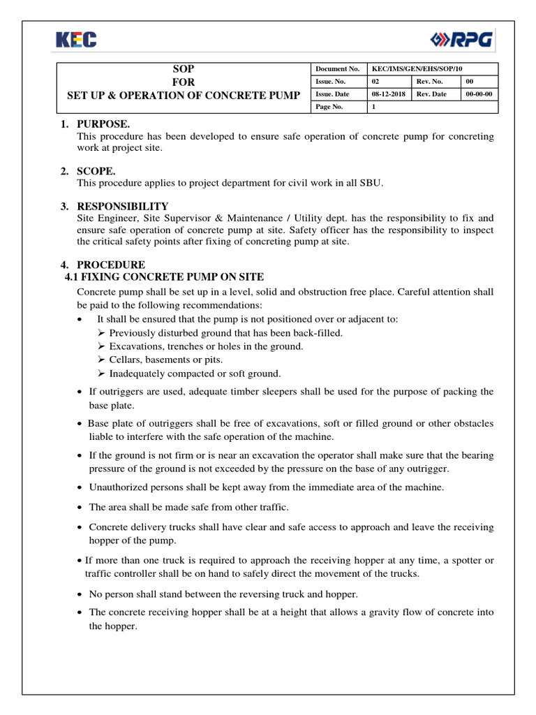 Sop For Set Up & Operation of Concrete Pump | PDF | Pump | Pipe (Fluid ...