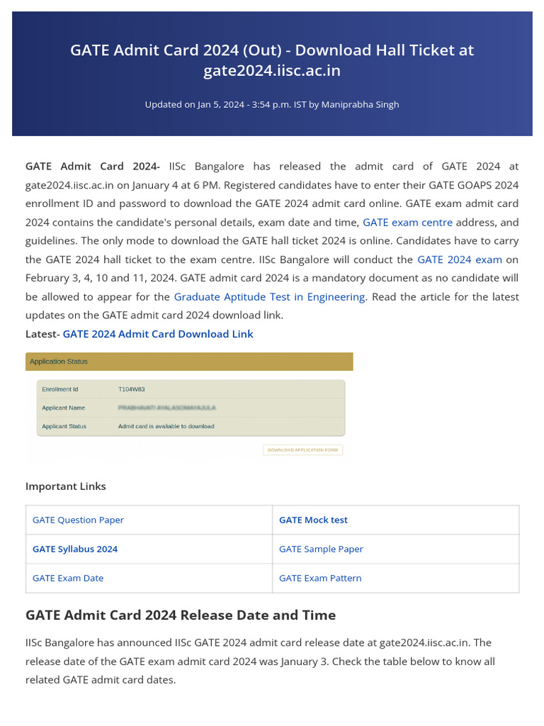 GATE 2024 Admit Card Released | PDF | Identity Document | Engineering