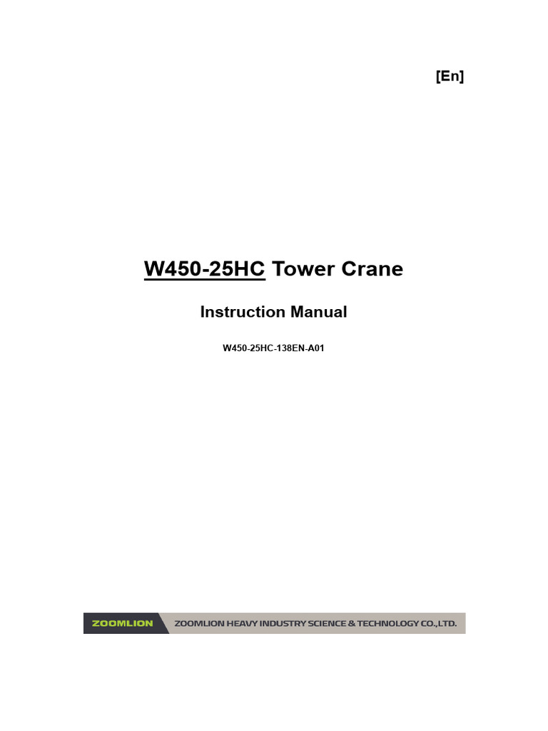 Zoomlion Tower Crane Instrcution W450 25HC 138EN A01 220726 | PDF