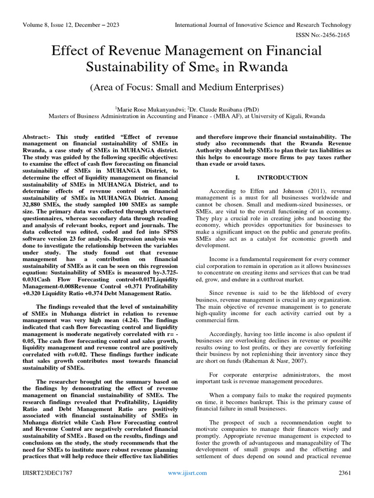 Effect of Revenue Management On Financial Sustainability of Smes in ...