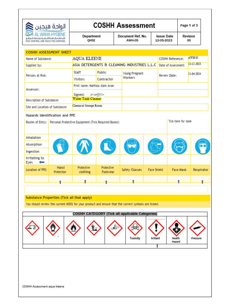 COSHH Assessment (Aqua Kleene) | PDF