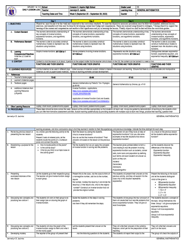 DLL - Gen Math-Week 5 | PDF | Function (Mathematics) | Exponential Function