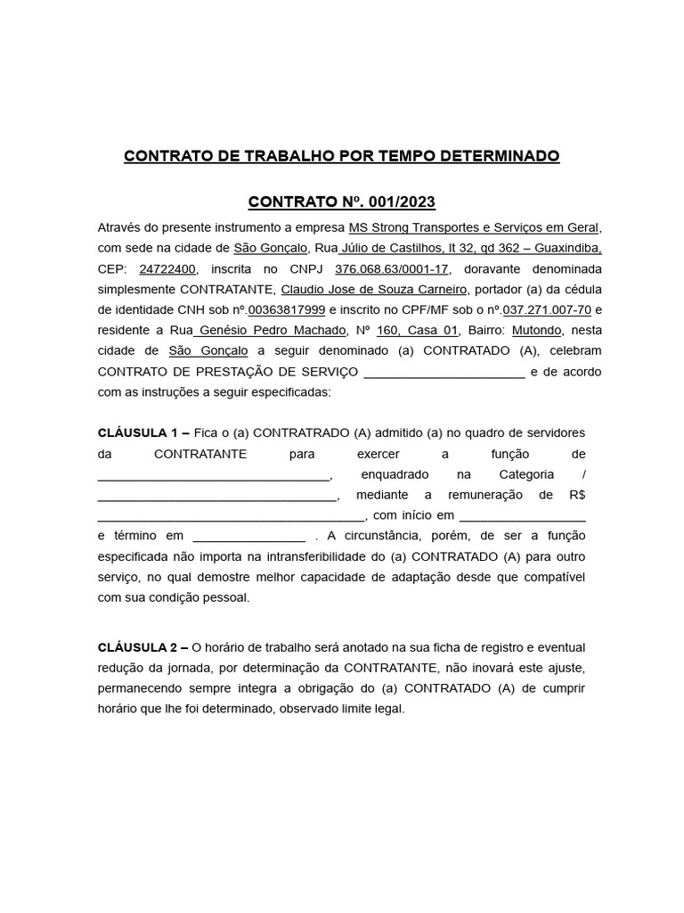 Contrato de Trabalho Por Tempo Determinado (Claudio Carneiro) | PDF