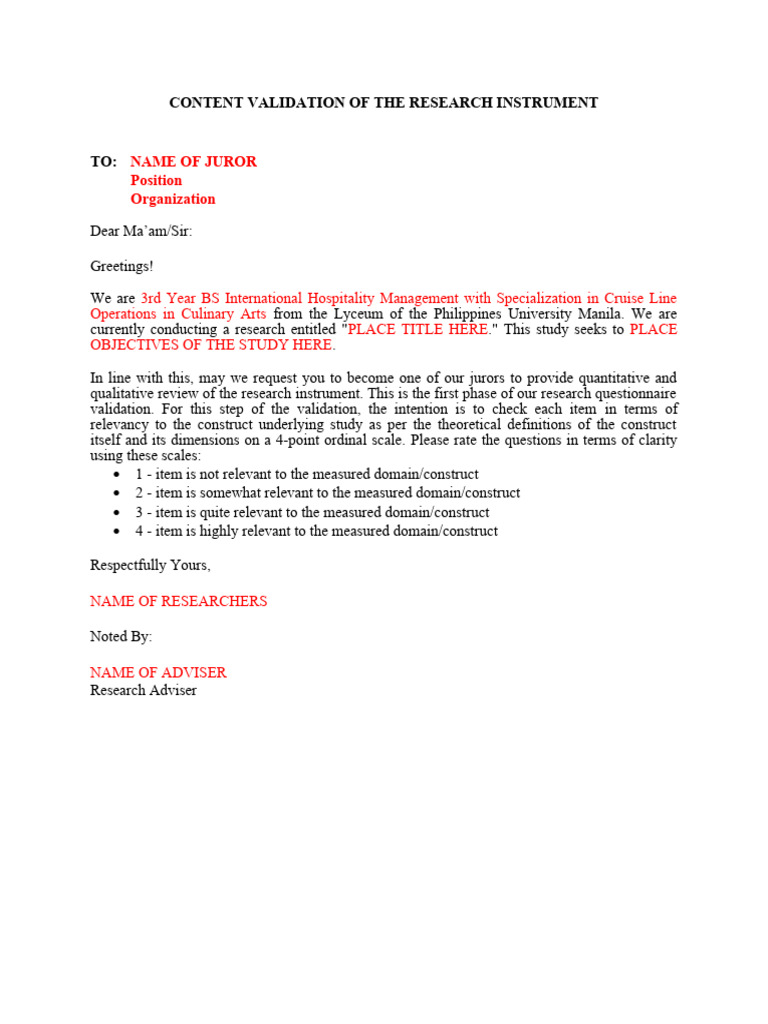 Content Validation of The Research Instrument | PDF | Questionnaire ...