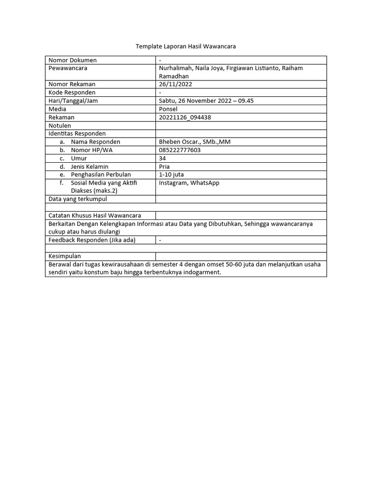 Template Laporan Hasil Wawancara | PDF