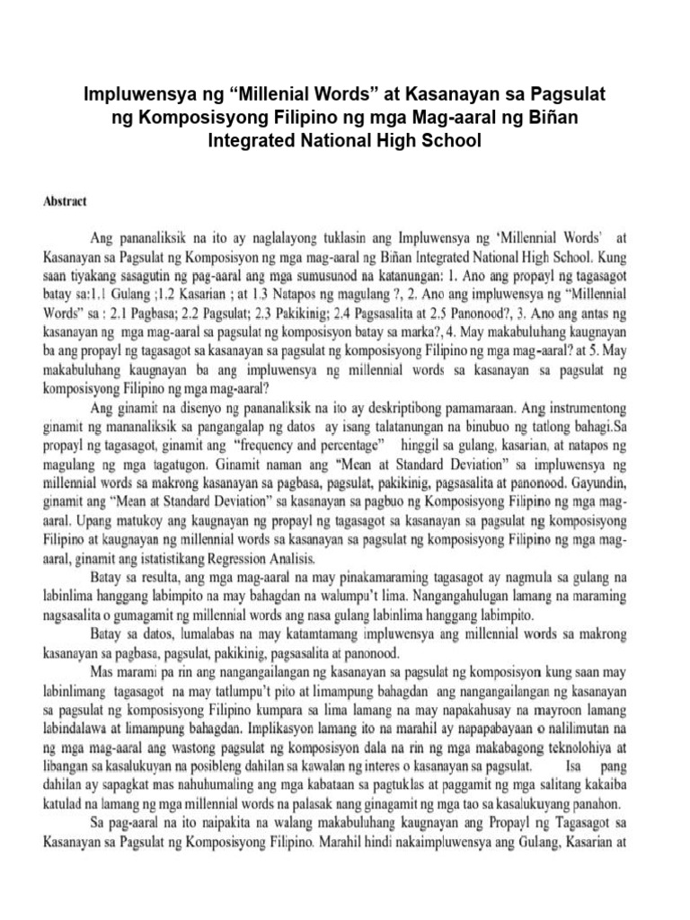 Impluwensya NG "Millenial Words" at Kasanayan Sa Pagsulat NG Komposisyong Filipino NG Mga Mag ...