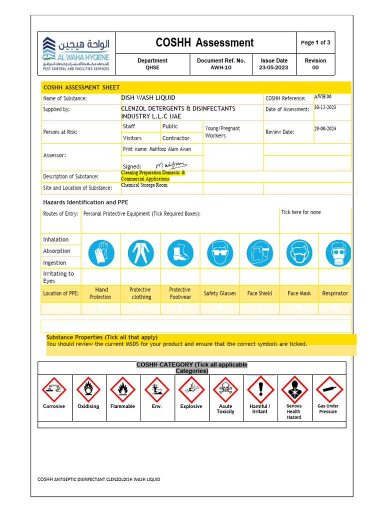 Coshh Dish Wash Liquid | PDF | Personal Protective Equipment | Water
